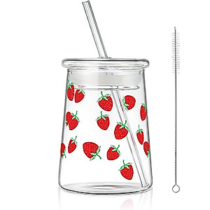 Joeyan Glass Tumbler with Lid and Straw,Iced Coffee Cups with Red Strawberries Pattern,Clear Cute Drinking Jars,Water Juice Beverages Soda Glasses,20 oz