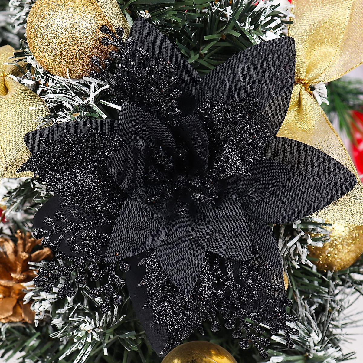 RECUTMS Christmas Tree Ornaments 10Pcs Glitter Poinsettia,Artificial Poinsettia Flowers Xmas Tree Ornaments 6" Wide for Xmas Tree Wreaths Garland Holiday Seasonal Wedding Decorations(Black)