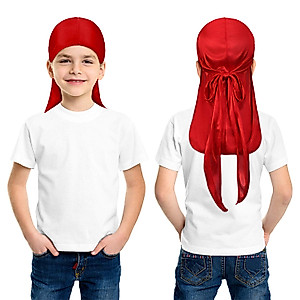 SATINIOR 6 Pieces Kids Satin Silk Durag Caps Wave Wide Strap Headwraps Long Tail Turban Beanies for Boys Girls, Multicoloured, Medium
