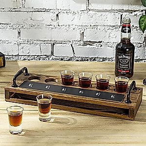 MyGift Tequila Shot Glasses Liquor Flight Tasting Set Includes Burnt Wood Serving Tray with Chalkboard Panel and Metal Handles and 6 Clear Shot Glasses