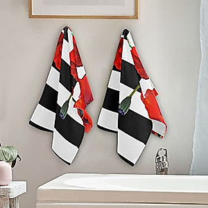 Red Poppy Hand Towels for Bathroom Set of 2 Black and White Striped Nature Botanical Floral Flowers Luxury Towels 16"x28" Soft Absorbent Bathroom Hand Towel for Face,Gym,Spa,Kitchen Dish Tea Towels