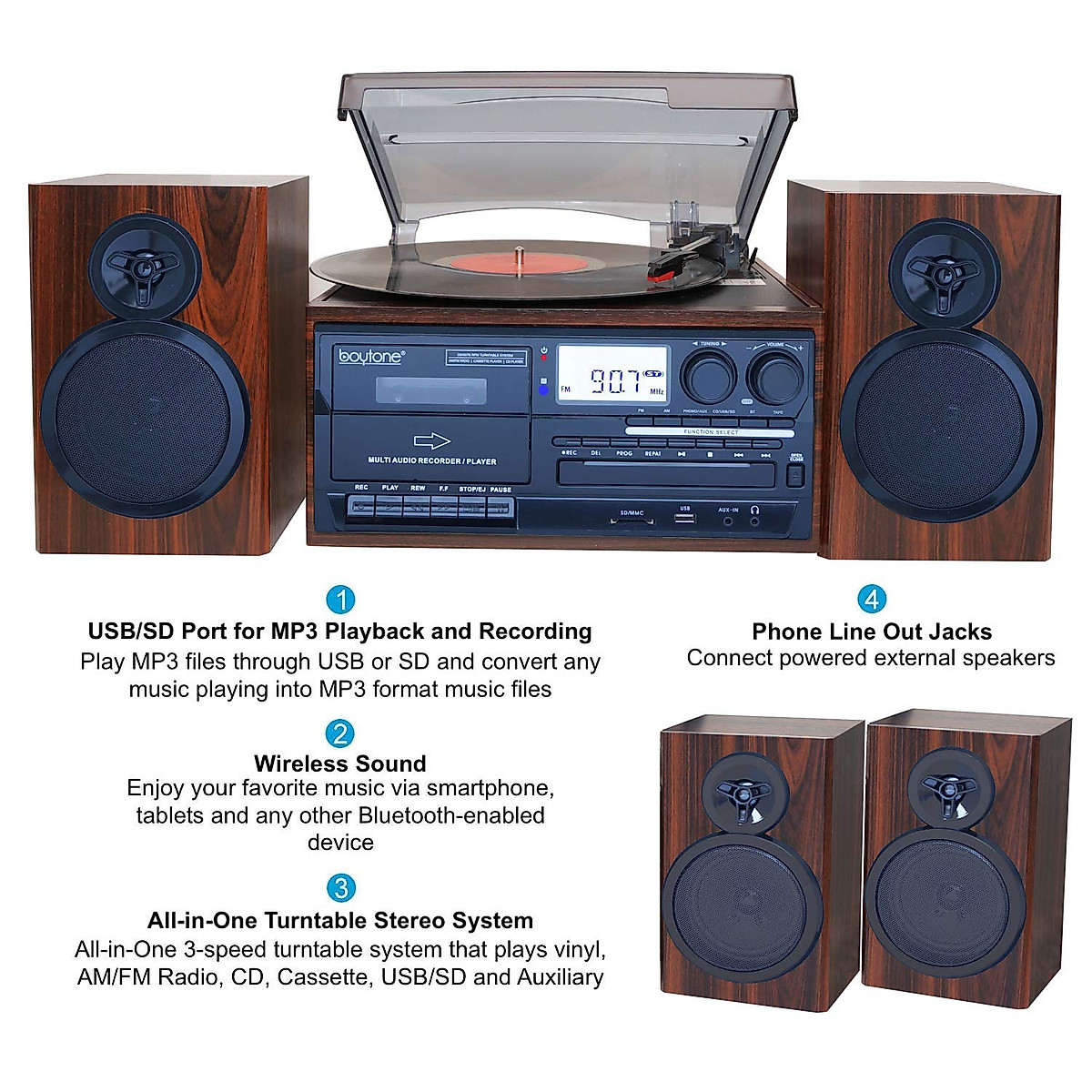 Boytone BT-28MB, Bluetooth Classic Style Record Player Turntable with AM/FM Radio, CD/Cassette Player, 2 Separate Stereo Speakers, Record from Vinyl, Radio, and Cassette to MP3, SD Slot, USB, AUX