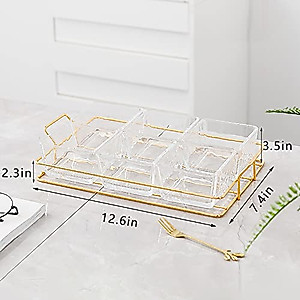 XKXKKE 6 Clear Glass Bowls Set with Gold Metal Rack, Condiment Dishes Serving Bowls Buffet Server Food Display Relish Tray for Fruit Dessert Appetizer Nuts Snacks Candy Chip Dip