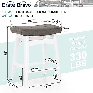 Erste!Bravo White Solid Wood Bar Stools Set of 2 for Kitchen Counter Height Barstools with Faux Leather Saddle Seat Farmhouse Upholstered Stools for 34"-38" Counter Island, Grey Cushion & White Legs