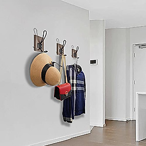 OLBET Farmhouse Towel Hooks for Bathroom Wall Mounted - Rustic Wall Hooks for Hanging Coats - 2 Pack - Retro Iron Wood Hooks - Classical Heavy Duty Hangers for Your House - Walnut Grain