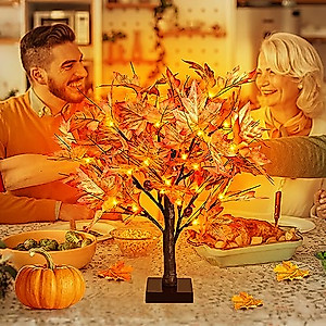 FastDeng 1.5ft Lighted Maple Tree, Artificial Fall Tree Light, Timer 36 LED Light, 72 Leaves, 6 Acorns Autumn Tabletop Tree Battery Operated for Indoor Fall Harvest Home Decor, Thanksgiving Decoration