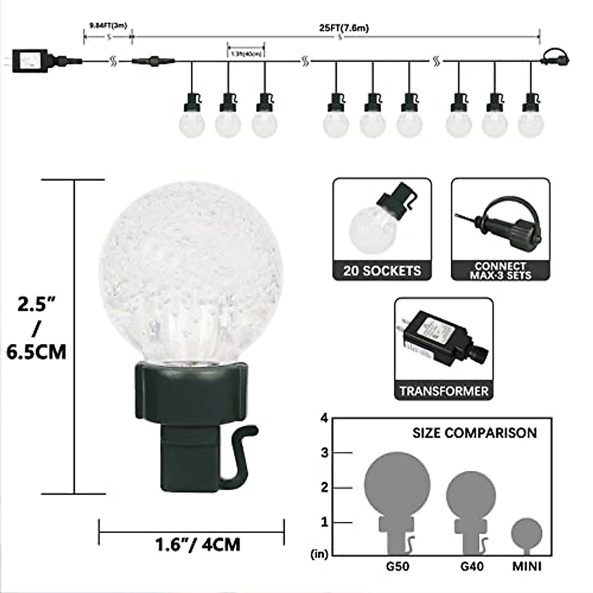 MuDay Outdoor String Lights 34.84 Feet G40 Globe Patio Lights - LED String Lights 20 Waterproof Shatterproof Hanging Outdoor Lights for Patio Outside Garden Backyard Party Camper Balcony(Warm White)
