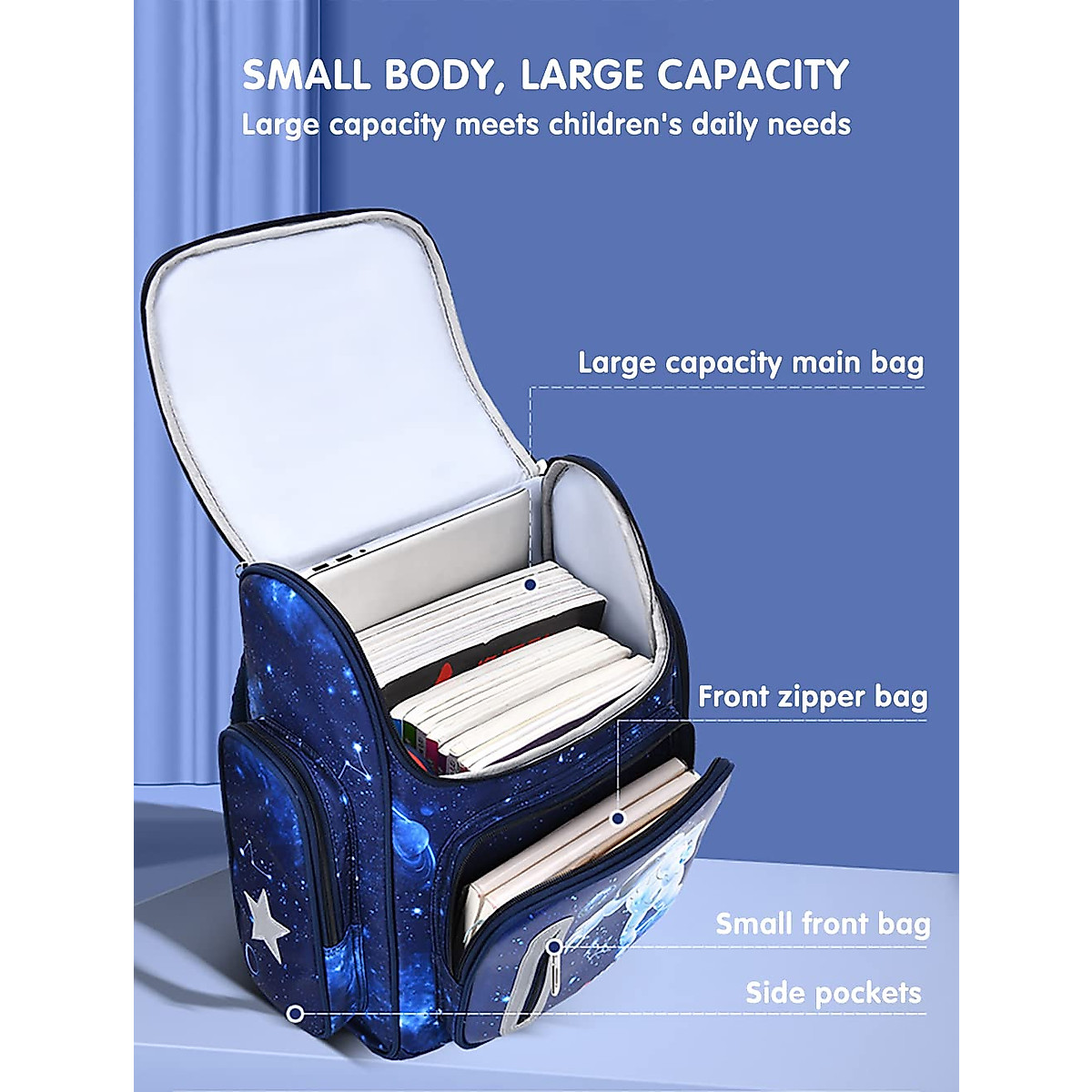 Astronaut School Backpack for Boys Large Capacity Waterproof Light Weight Schoolbag Bookbag for Kids Primary School Student (Blue)