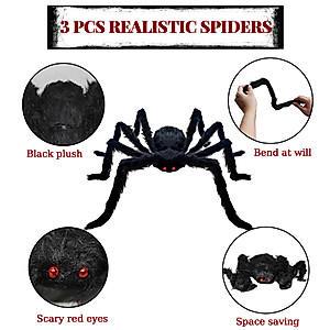 Large Halloween Spiders for Outside, Big Spider Halloween Decorations Realistic Scary Hairy Spiders Halloween Decorations Outdoor (59", 49", 35")