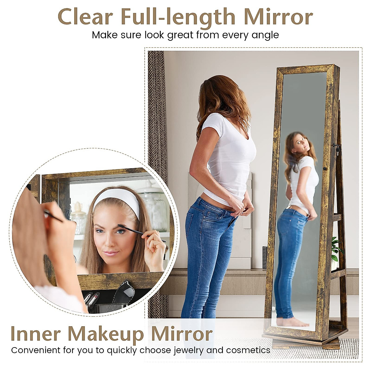 COSTWAY 360 Rotating Jewelry Armoire Cabinet, Standing Jewelry Organizer w/Full-Length Mirror & Large Storage Space, Lockable Mirror Jewelry Cabinet for Girls Women (Rustic Brown)