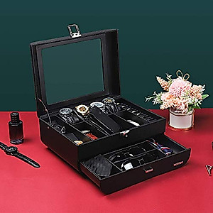 Homde Fathers Day Gifts - Watch Box Arc Display Case Carbon Fiber Jewelry Organizer Luxury Sunglasses Holder with Drawer, Glass Top and Lock for Men Women