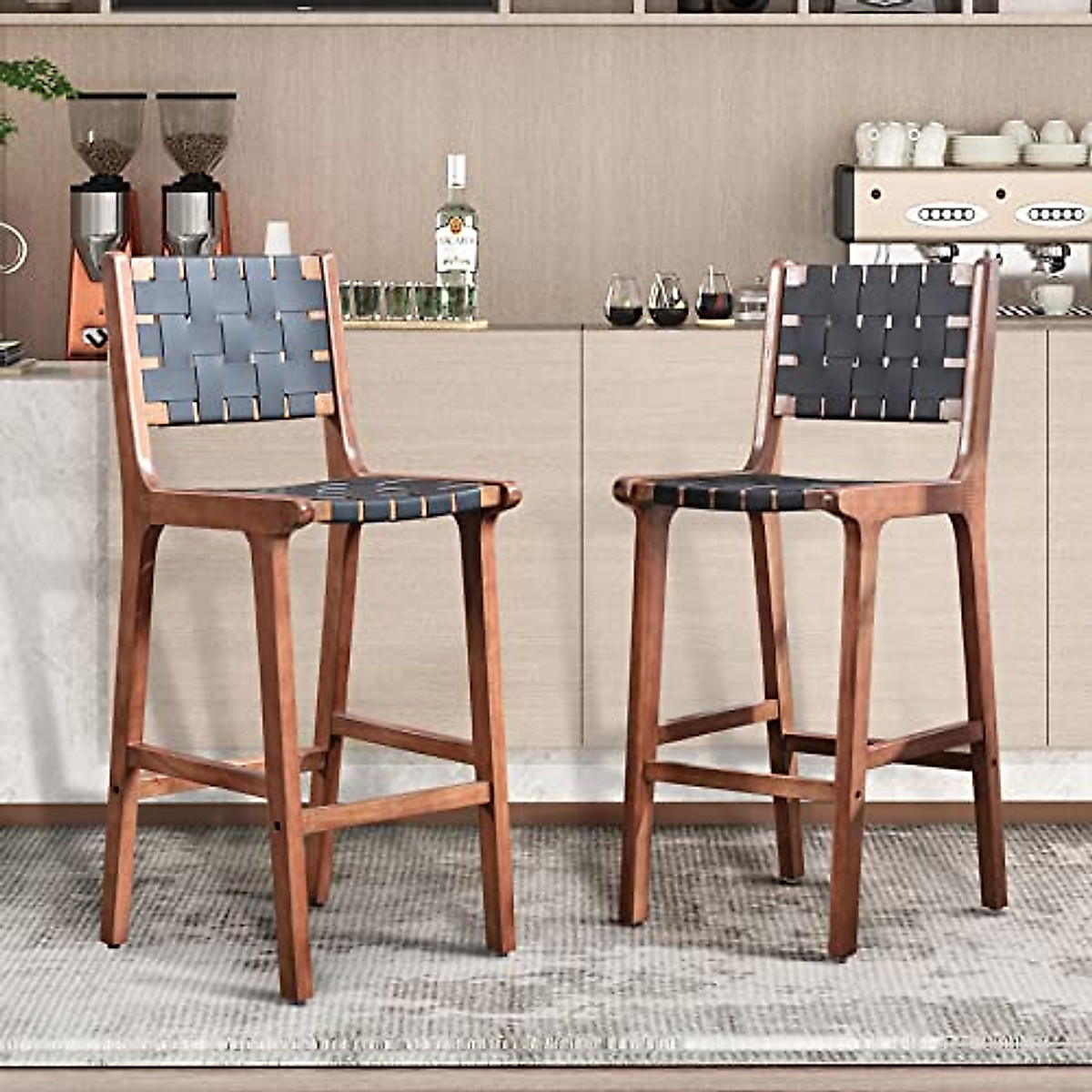 Bonzy Home 28" Woven Bar Stools Set of 2, Faux Leather Kitchen Stool Chairs with Back and Wooden Legs, Comfy Bar Chairs Bar Height Stools for Kitchen Island, Black