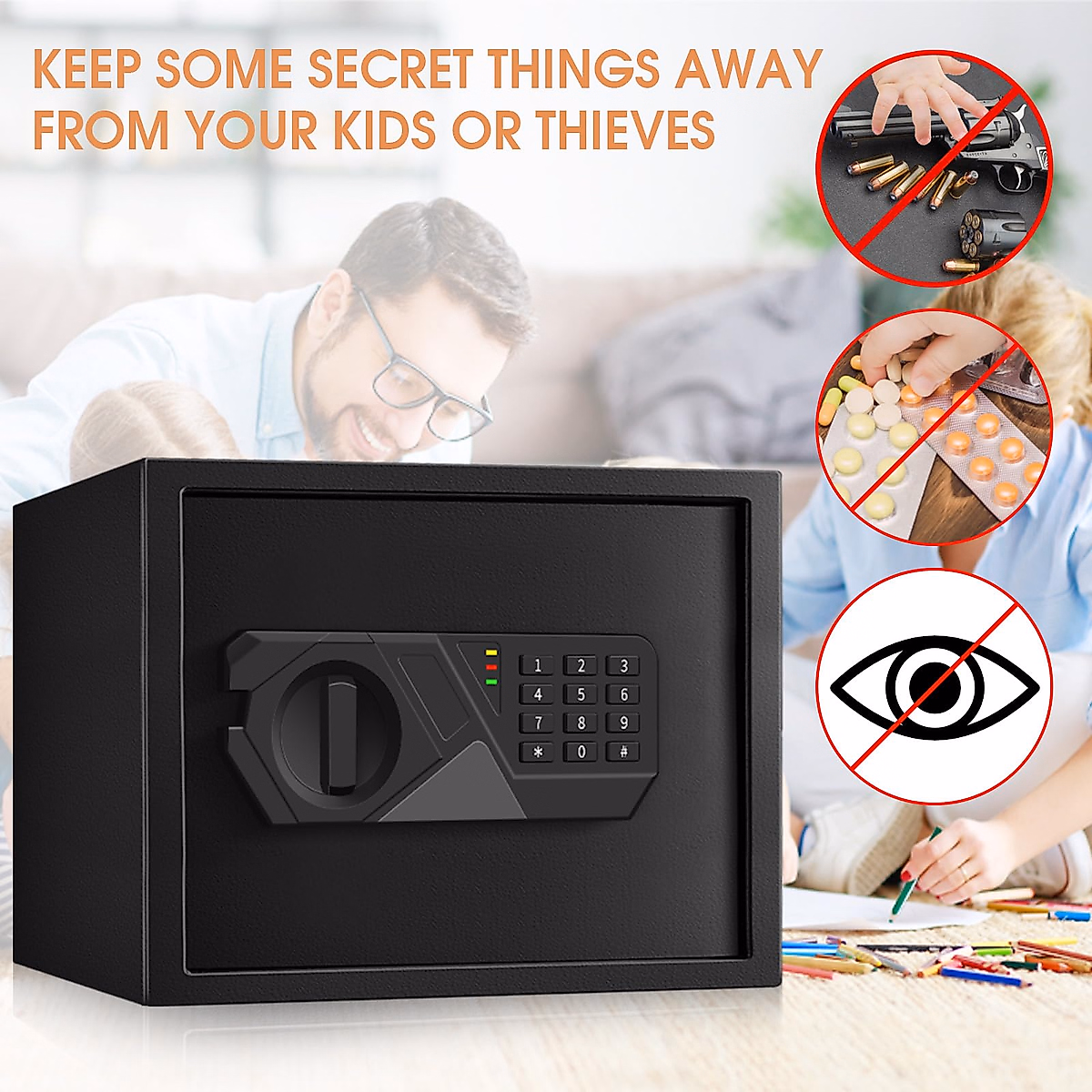 1.0 Cu ft Home Safe Fireproof Waterproof, Digital Home Security Safe with Numeric Keypad, Spare Keys and Removable Shelf, Personal Home Safe Box for Money Firearm Documents Medicines