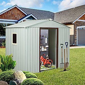 OMGO 8 x 4Ft Outdoor Metal Storage Shed with Side Window, Outside Utility Tool House w/Sliding Doors & Lock, Floor Base and Air Vents, for Backyard, Lawn, Pool