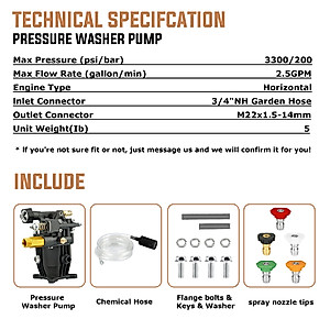 3/4'' Shaft Horizontal Pressure Washer Pump Max 3300 PSI @ 2.5 GPM & Power Washer Pump, Replacement Pump for Troy-Bilt, Karcher, Generac, Simpson, Honda, PowerStroke, Etc.