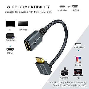 Twozoh Angled Mini HDMI to HDMI Adapter Cable 0.6FT，Nylon Braided Downward Angled 90° Degree Mini HDMI to HDMI Extension Cable Support 3D/4K 1080p