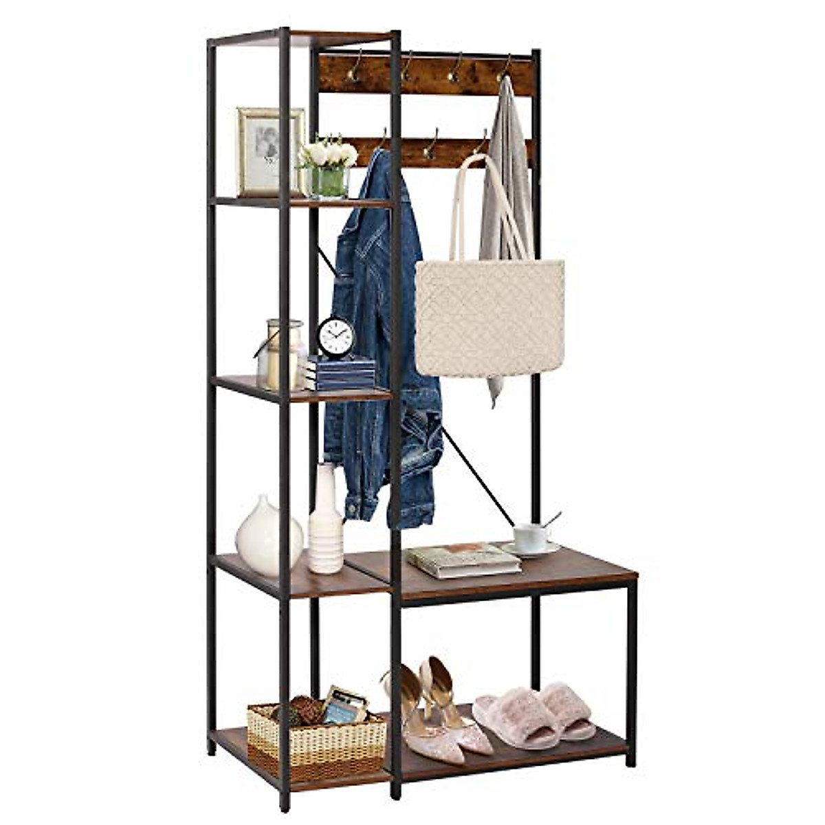VECELO Coat Rack Shoe Bench,Hall Tree with 7 Hooks Entryway Storage 4-Tier Shelves and 1-Tier Shoe Shelf,Wood Look Accent Furniture Metal Frame,4 in 1 Design, Easy Assembly,Brown