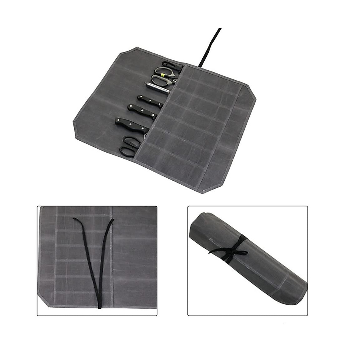 Waxed Canvas Cutlery Cover, Chef Knife Roll Pouch, Kitchen Cooking Tool Knife Holder Organizer, Foldable Multipurpose Travel Tool BBQ Tool Roll Pouch with 7 Slots, Grey, Waterproof