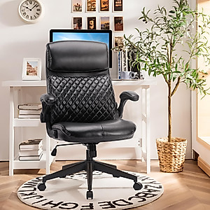 COLAMY Office Desk Chair-Executive Computer Chair, Ergonomic Leather Office Chair with Padded Flip-up Armrests, Adjustable Height Swivel Rolling Work Study Chair for Home Office Conference Room-Black