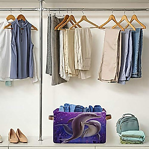 ALAZA Decorative Basket Rectangular Storage Bin, Two Lovers Dolphin Purple Organizer Basket with Leather Handles for Home Office