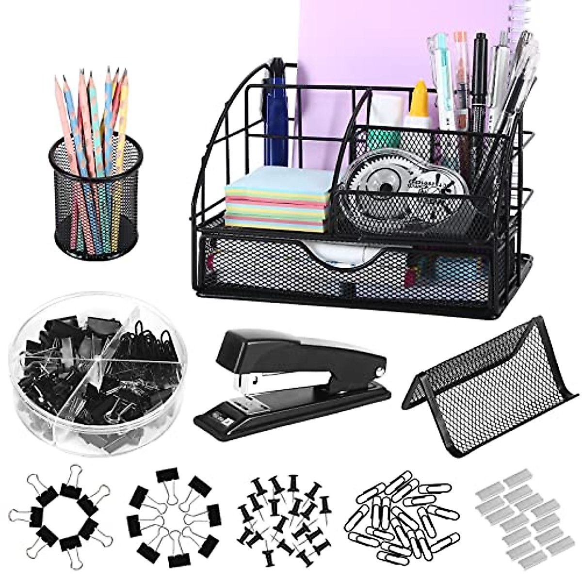 AOFUXTI Office Supplies Desk Organizer - Desk Organizers and Accessories, Office Supplies Set with Pen Holder, Stapler and 72 Clips Set for Office, Home, School, Black