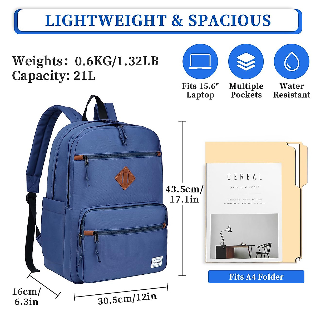 RAVUO School Backpack, Unisex Large Bookbag Water Resistant Lightweight Schoolbag Casual Daypack for High School/College/Teens/Travel/Work for Men Women Blue