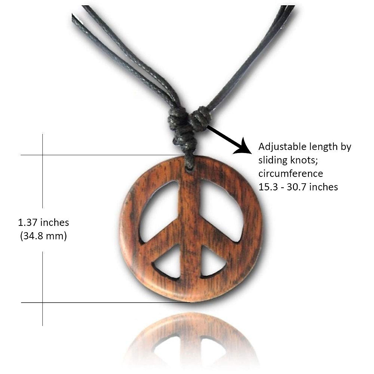 Earth Accessories Adjustable Peace Sign Pendant Necklace with Organic Wood - Hippie Accessories and Hippie Costume for 60s or 70s