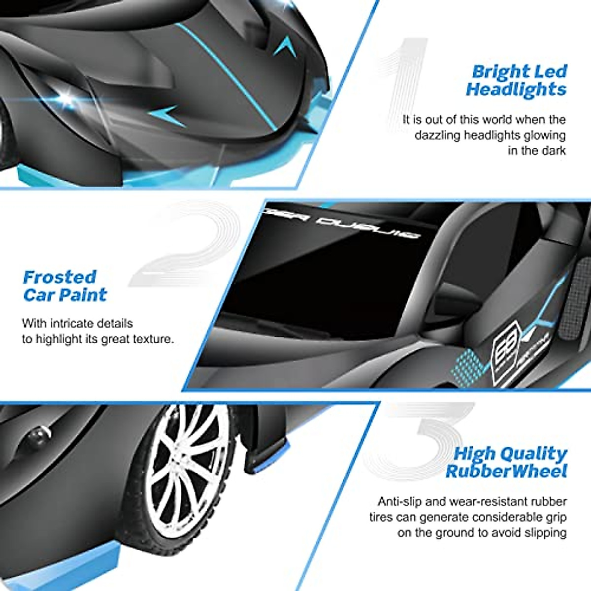 KULARIWORLD Remote Control Car for Boys Fast 1/18 Scale Rechargeable RC Vehicle Cars Toys Xmas Gifts for Kids High Speed with Headlights (Black Blue)