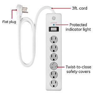 GE 6-Outlet Surge Protector, 2 Pack, 3 Ft Extension Cord, Power Strip, 800 Joules, Flat Plug, Twist-to-Close Safety Covers, Protected Indicator Light, UL Listed, White, 54629