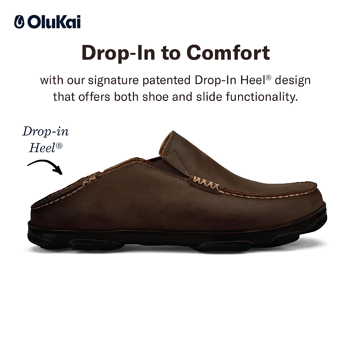 OLUKAI Moloa Men's Leather Slip On Shoes, Waxed Nubuck Leather & Soft Moisture-Wicking Lining, Drop-in Heel & All Weather Rubber Soles, Dk Wood/Dk Java, 8.5