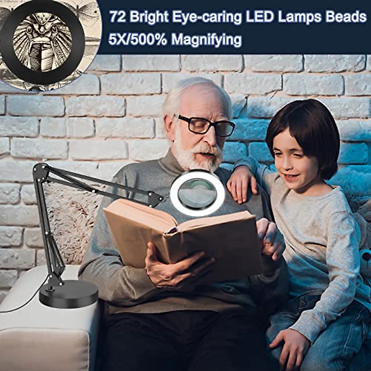 WYZGFRQS 2-in-1 Magnifying Glass with Light, 5X Magnifying Glass with Light and Stand & Clamp, Magnifying Lamp with 72 LED Lights, 3 Modes Stepless Dimmable, Adjustable Swivel Arm