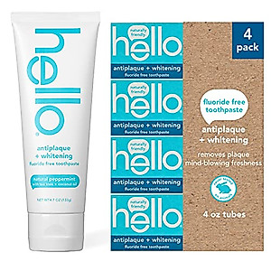 hello Antiplaque and Whitening Fluoride Free Toothpaste, Natural Peppermint Flavor, SLS Free, Gluten Free, Peroxide Free, Vegan, 4.7 Ounce (Pack of 4)