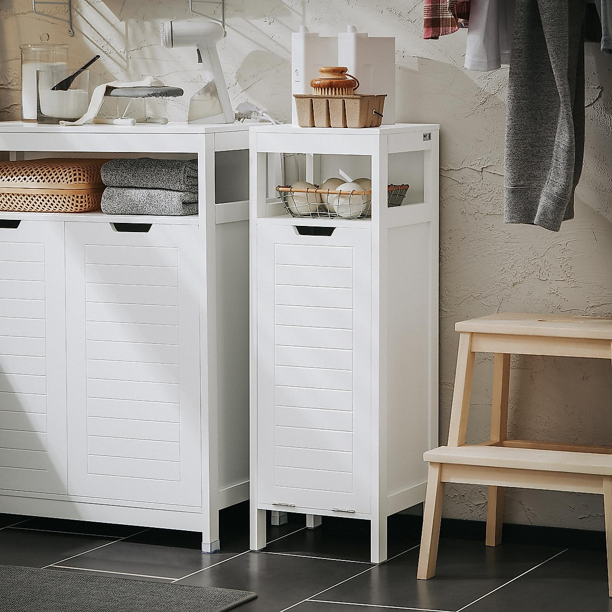 Haotian Bathroom Laundry Cabinet with Basket, Tilt-Out Laundry Hamper, Bathroom Storage Cabinet Unit with Open Shelf, White BZR122-W