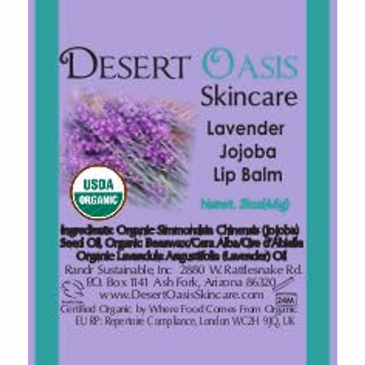 2-Pack Organic Lavender Lip Balm -USDA Certified Organic. 70% Organic Jojoba Oil, Organic Beeswax, Soothes and Softens Dry, Cracked, and Sensitive Lips, Natural Lavender Scent No Taste, 0.15 oz/4.6 gm