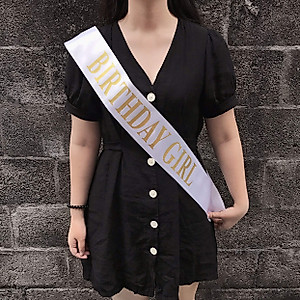 Dadam Birthday Sash for Girls White Satin Birthday Girl Sash with Gold Glitter Lettering Party Favors, Supplies and Decorations