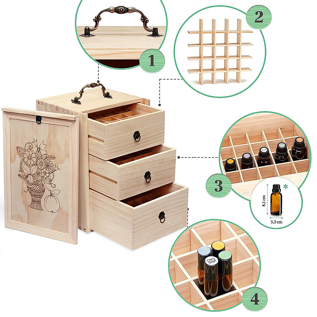 Essential Oil Bottles Storage for 60 Bottles - Holds 5 10 15 20 30 ml Travel Box For Young Living & Doterra bottles - Essential Oil Box Natural Wood(Update Version)