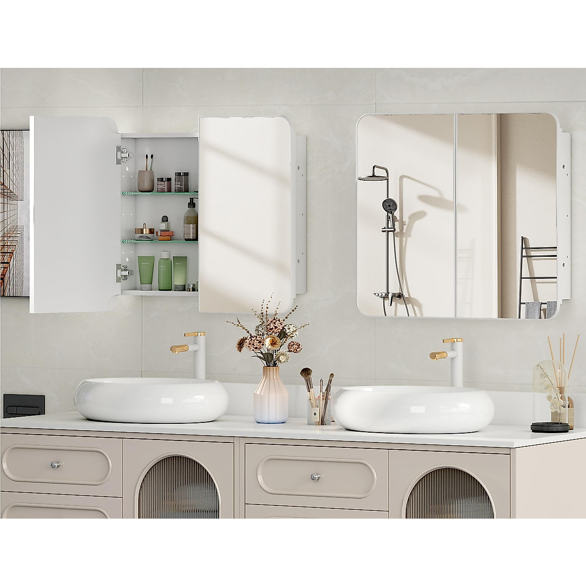 Medicine Cabinet with Mirror 20'' x 22'' Aluminum Recessed Medicine Cabinet with Mirror, Adjustable Glass Shelf, Corrosion Resistant Bathroom Mirror with Storage Wall Mounted (20'' x 22'' Double Door)