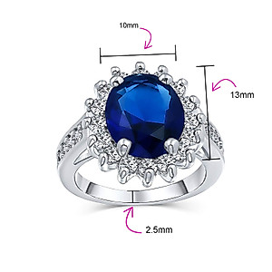 Bling Jewelry Personalize Classic Traditional 5CTW Royal Blue CZ Crown Halo Oval Cubic Zirconia Simulated Sapphire Engagement for Women Side Stones Promise Ring Silver Plated Customizable