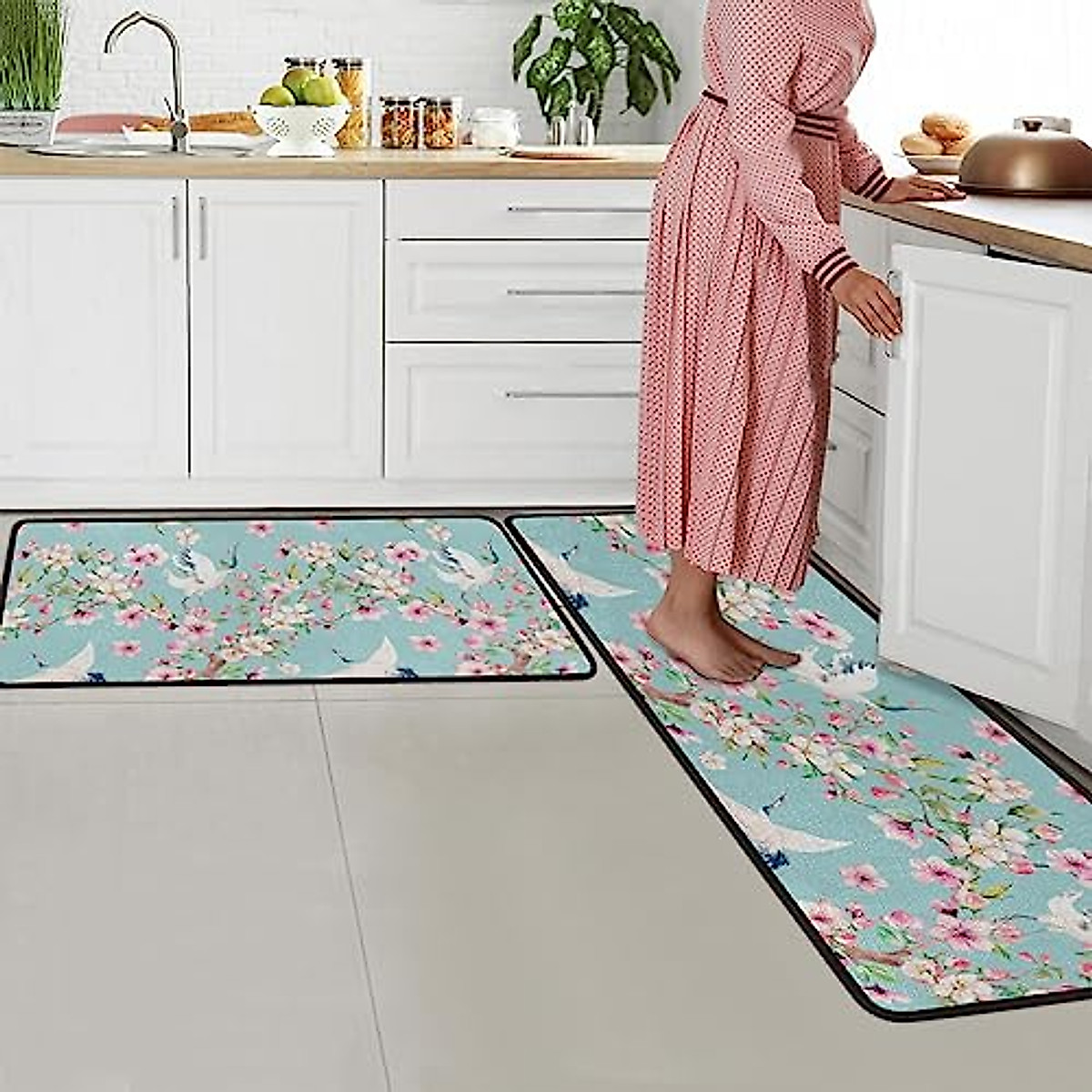 Red Heads Crane Kitchen Mat 2 PCS Waterproof Non-Slip Ergonomic Comfort Mat Anti Fatigue Kitchen Rug for Kitchen Floor Home Office Sink 47"X17"+29"X17" Inch