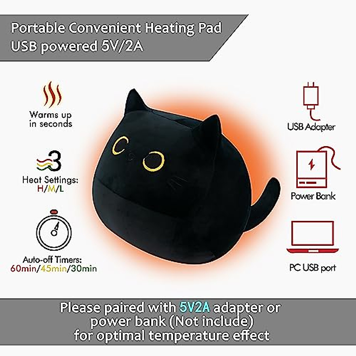 CRIMMY Heating Pad for Period Menstrual Cramps Pain Relife, Cute Small Portable Heat Pads for Travel, Mini Stuffed Animal USB Electric Hot Pack for Back Neck Eyes Hands (Black cat)