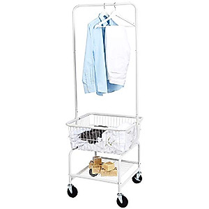 Amazon Basics Rectangular Laundry Hamper Basket Butler Cart with Wheels and Hanging Rack, White