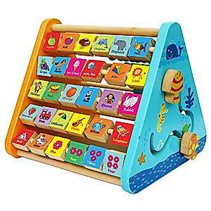 TOWO Activity Centre Triangle Toys - flip Flop Alphabet Blocks Abacus Clock - Activity Cube for Toddlers 5 in 1- Toys for Babies Montessori Learning-Wooden Toys for 1 Year Old