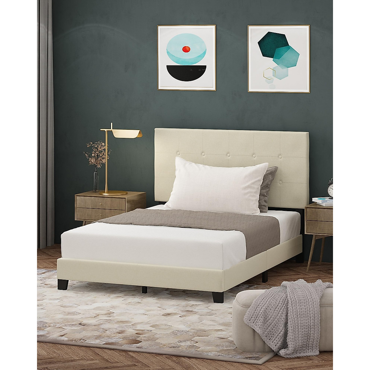 Furinno Laval Button Tufted Upholstered Platform Bed Frame, Full, Linen