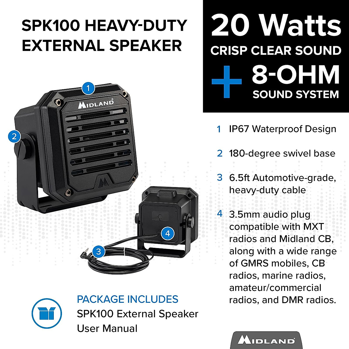 Midland- SPK100 Heavy-Duty 20W External Speaker - 180 Degrees Swivel Base Bracket Works with All CB and MXT Radios 8-OHM Sound System 3.5mm Audio Plug - Easy Installation Waterproof Design