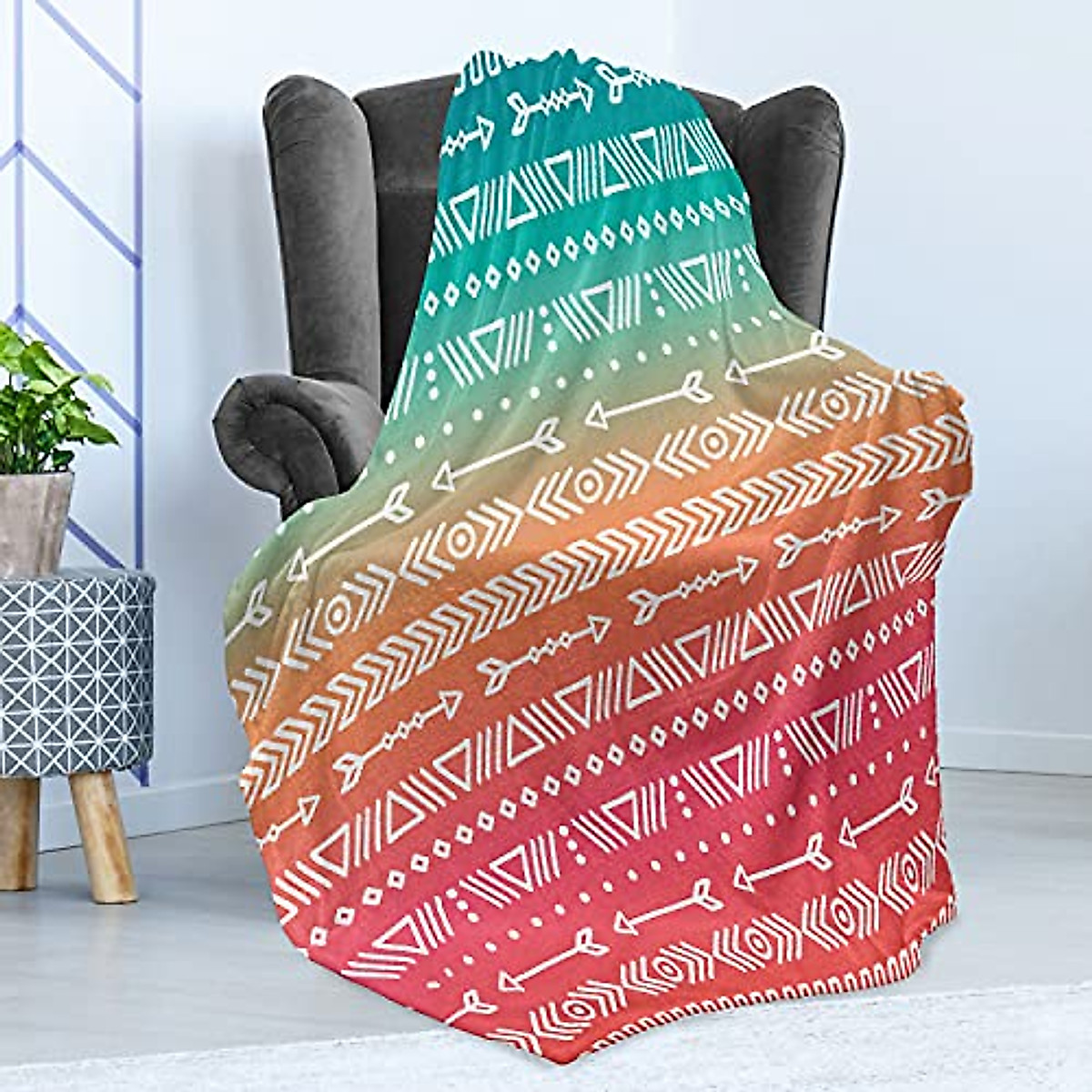 Ambesonne Arrow Throw Blanket, Colored Geometric and Maya Patterns and Arrows Bohemian Style Native Art, Flannel Fleece Accent Piece Soft Couch Cover for Adults, 60" x 80", Multicolor