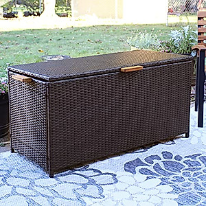 Sunnydaze Faux Wicker Outdoor Deck Storage Box with Acacia Wood Handles - 75-Gallon Patio Cushion Storage Bin with Hinged Lid - Organizer for Garage, Lawn, Pool, Porch and Garden - Brown