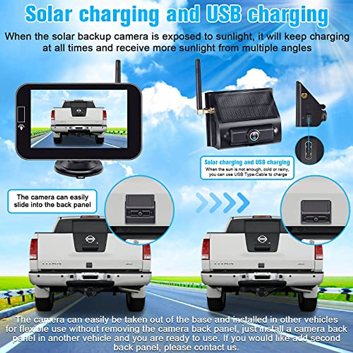 LeeKooLuu Solar Wireless Backup Camera HD 1080P Rechargeable System 5'' Monitor 3 Mins Installation for Car Truck Camper Small RV Hitch Rear View Camera LK14