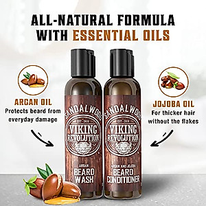 Beard Wash & Beard Conditioner Set w/Argan & Jojoba Oils - Softens & Strengthens - Natural Sandalwood Scent - Beard Shampoo w/Beard Oil (5oz)