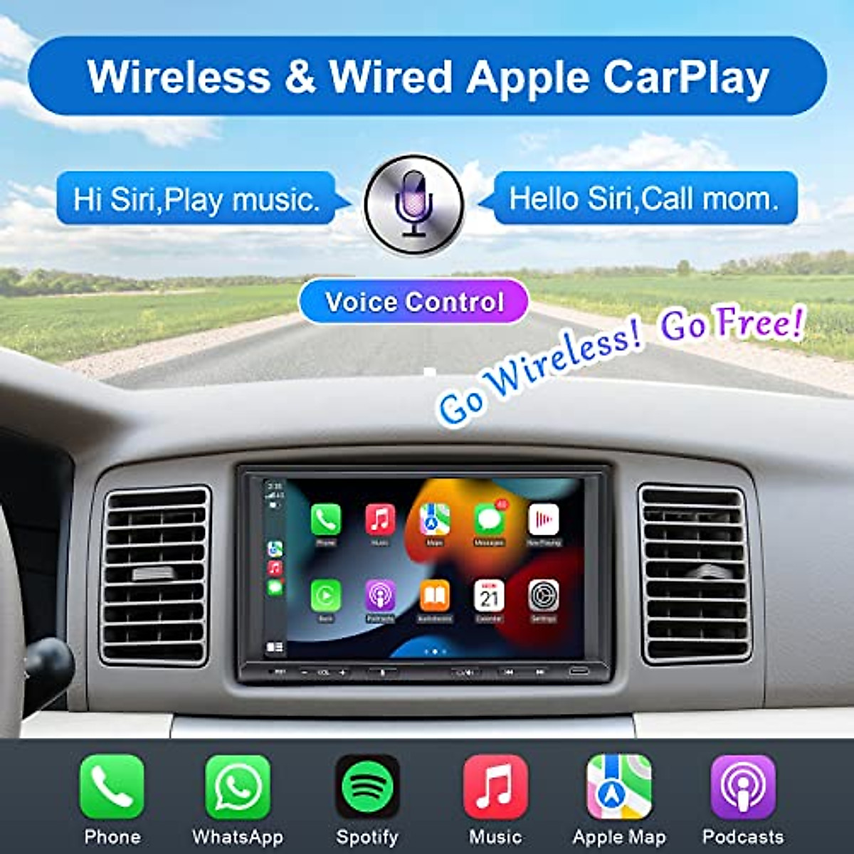 Double Din Car Stereo Radio Wireless CarPlay & Wireless Android Auto, 7inch Touch Screen Car Audio Receiver with Bluetooth,Live Rearview Camera,AM/FM, GPS Navigation,Mirror Link,Subwoofer,USB/AUX/SWC