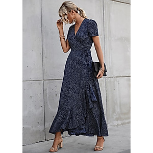 PRETTYGARDEN Women's Summer Wrap Maxi Dress Casual Boho Floral V Neck Short Sleeve Ruffle Hem Split Beach Long Dresses (Blue,Large)